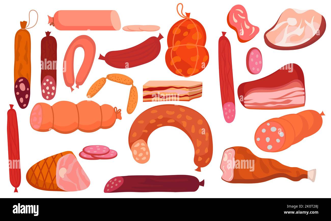 Deli meat ham and salami food icon. Isolated cartoon set barbecue steak ...