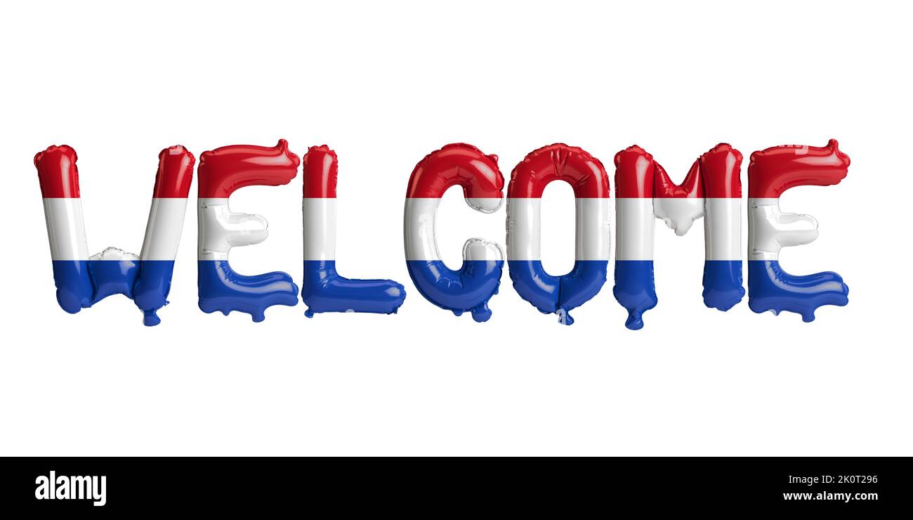 3d illustration of welcome-letter balloons in Netherlands flag isolated ...