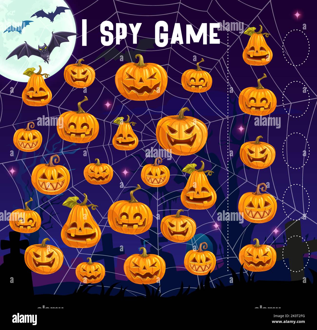 Halloween i spy game. Cartoon pumpkin lanterns in cobweb. Children ...