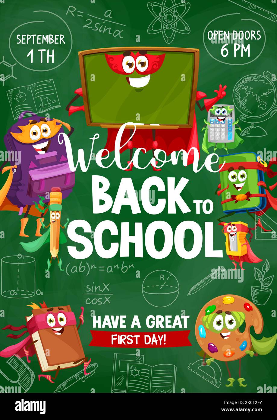 Back to school flyer. Cartoon school superhero characters. Event or ...