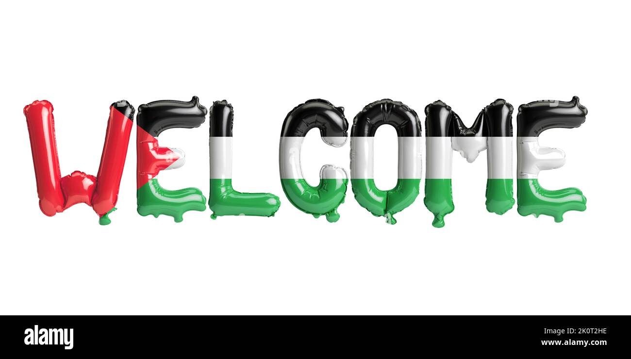 3d illustration of welcome-letter balloons in Palestine flag isolated ...
