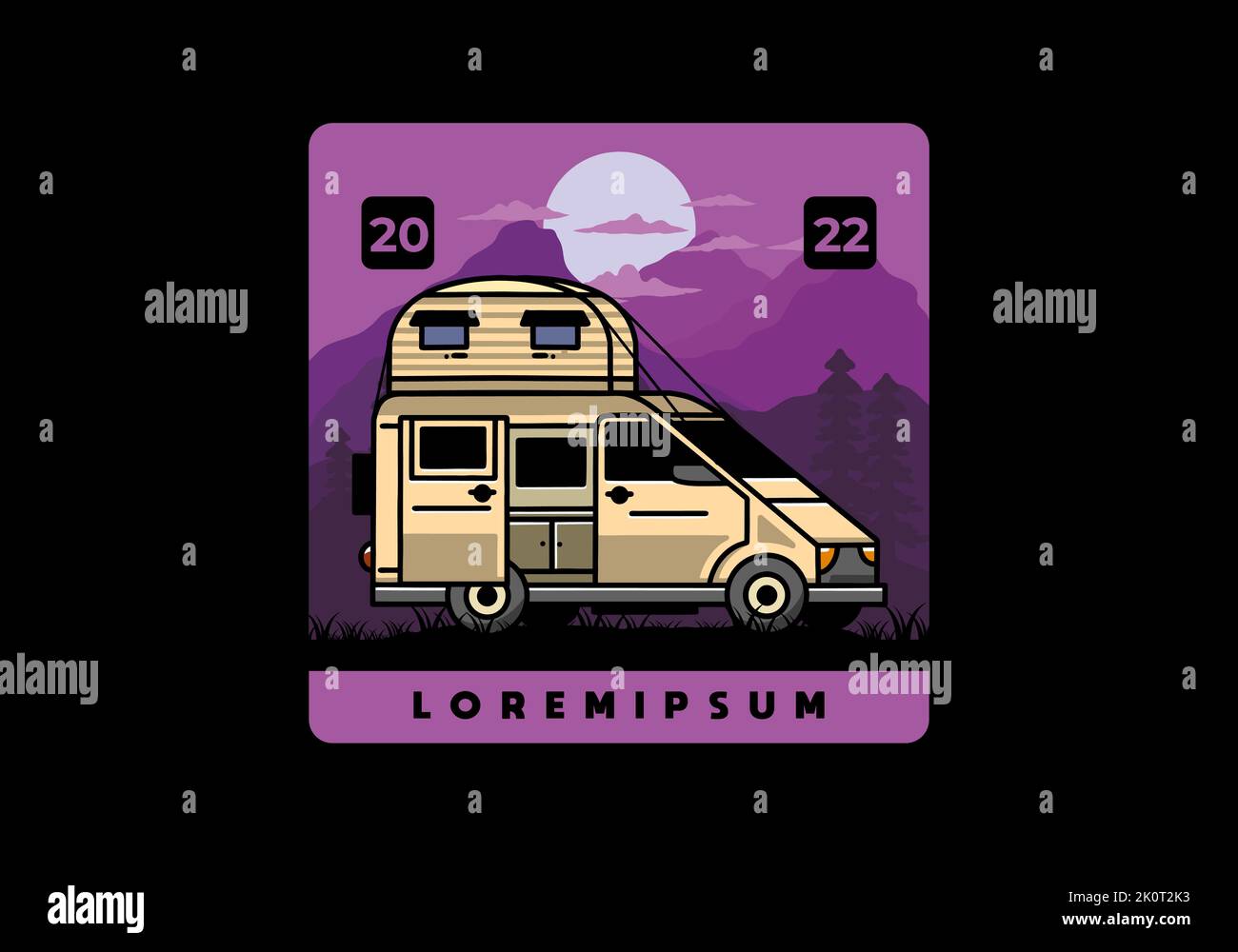 Big van camper with roof box tent illustration badge design Stock ...