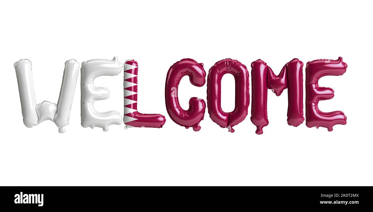 3d illustration of welcome-letter balloons in Qatar flag isolated on ...