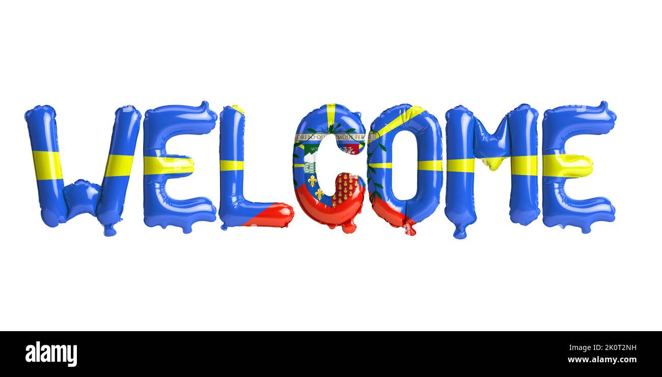 3d illustration of welcome-letter balloons in Reunion flag isolated on ...