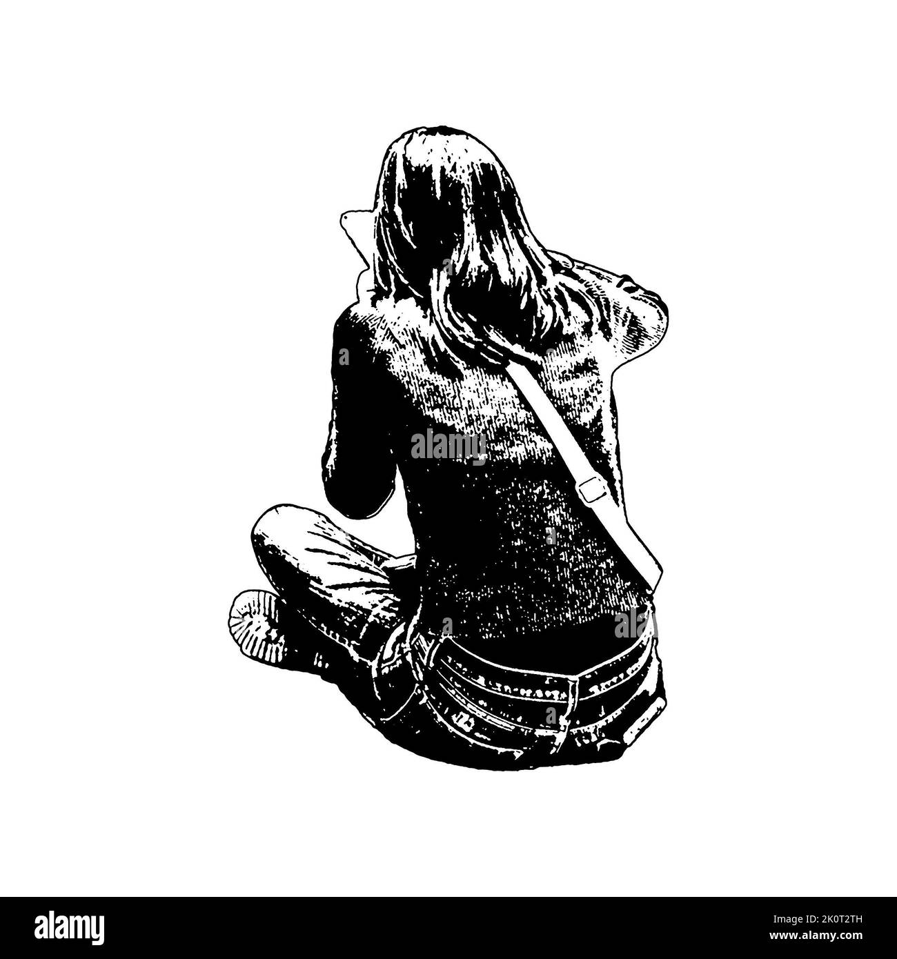 Back view shot young student woman sitting isolated on white background ...