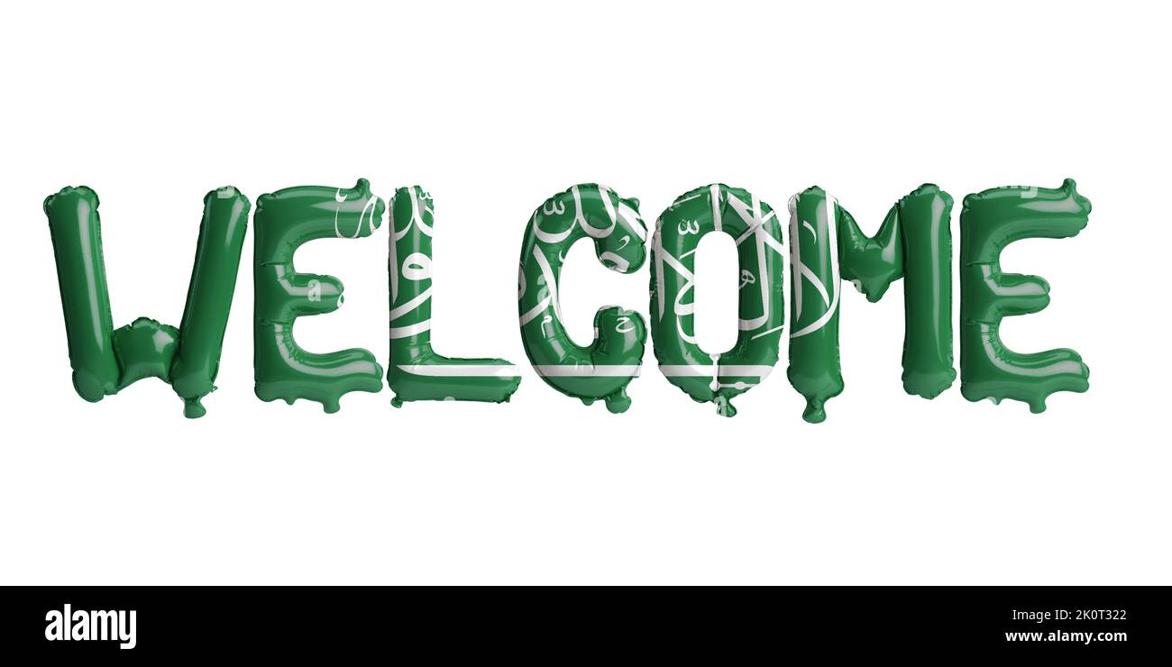 3d illustration of welcome-letter balloons in Saudi Arabia flag ...