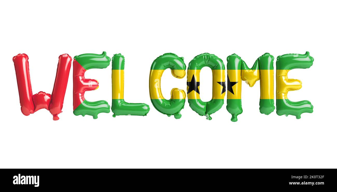 3d illustration of welcome-letter balloons in Sao Tome and Principe ...