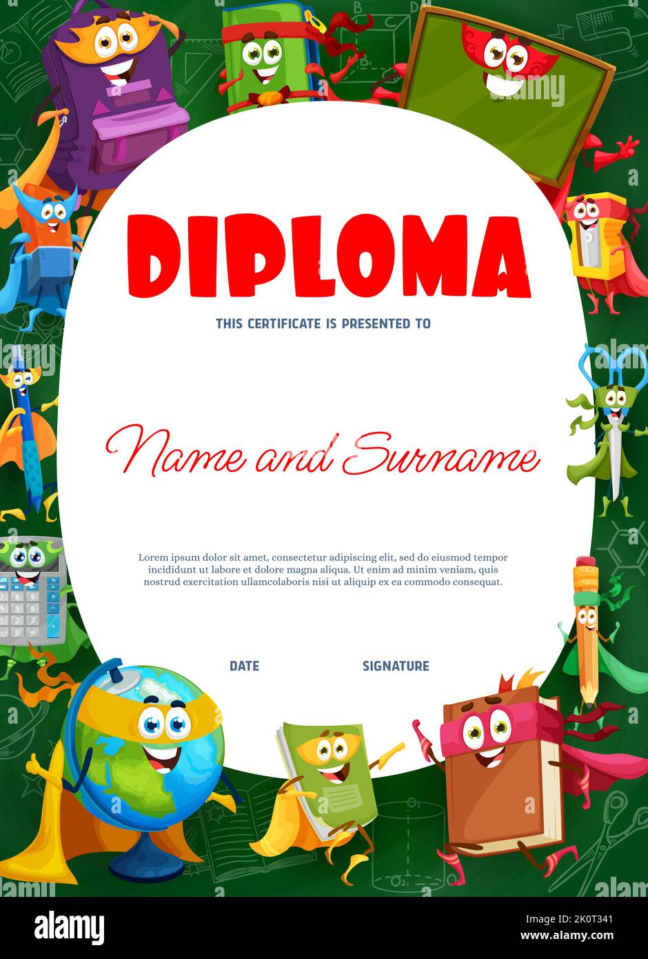 Kids diploma. Cartoon cheerful school education characters. Kids ...