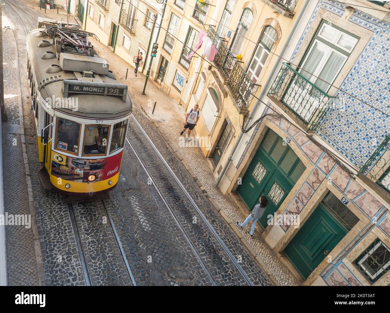 Lisbon, Portugal, October 24, 2021: Close up view of typical yellow ...
