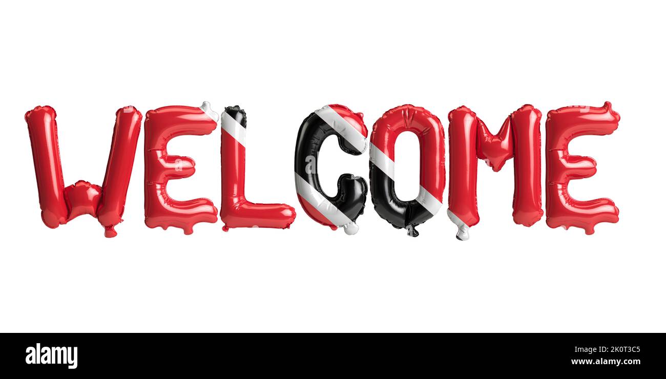 3d illustration of welcome-letter balloons in Trinidad and Tobago flag ...