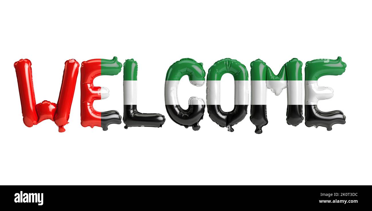 3d illustration of welcome-letter balloons in Uae flag isolated on ...