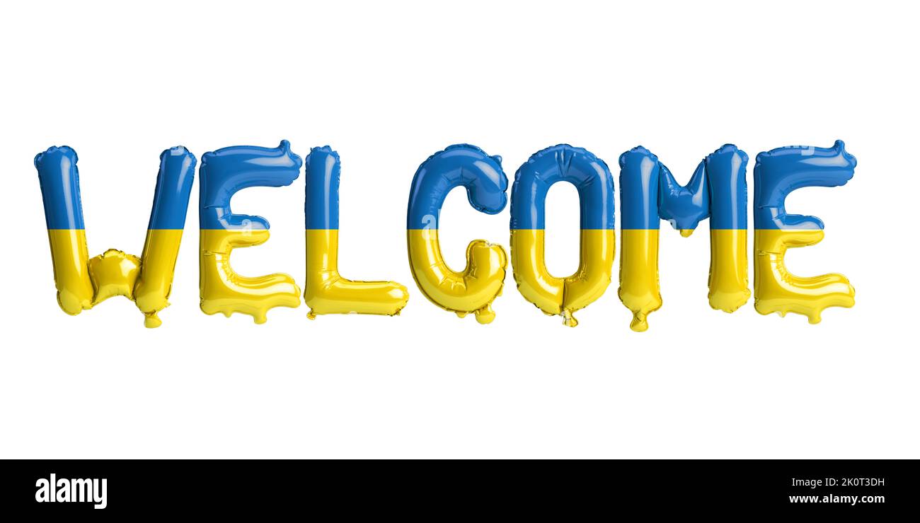 3d illustration of welcome-letter balloons in Ukraine flag isolated on ...