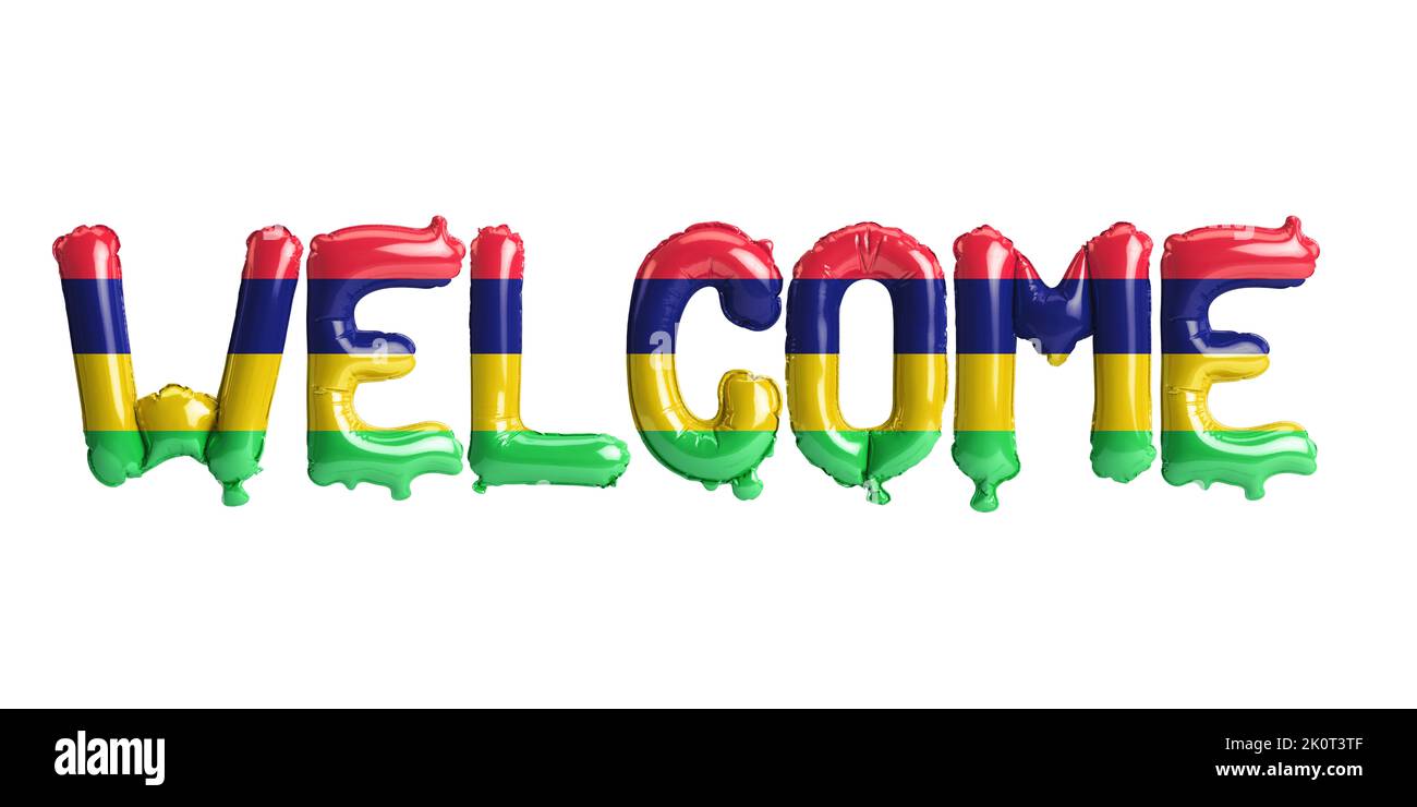 3d illustration of welcome-letter balloons in Mauritius flag isolated ...