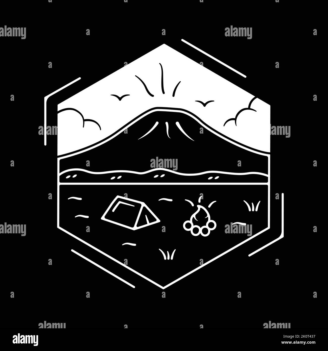 An illustration of a camping or hiking icon concept in a hexagon shape ...