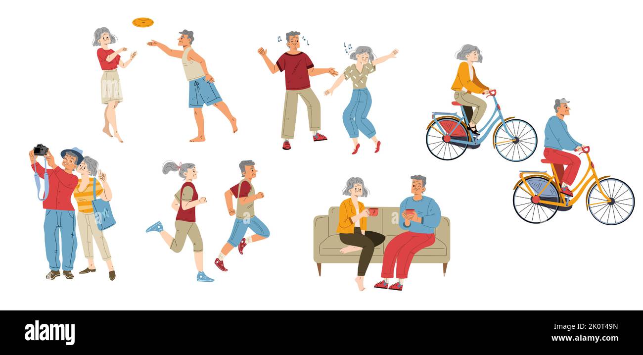Active elderly characters hobby, lifestyle. Senior men and women riding ...