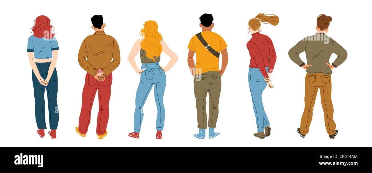 People from behind, male and female characters group stand in row rear ...