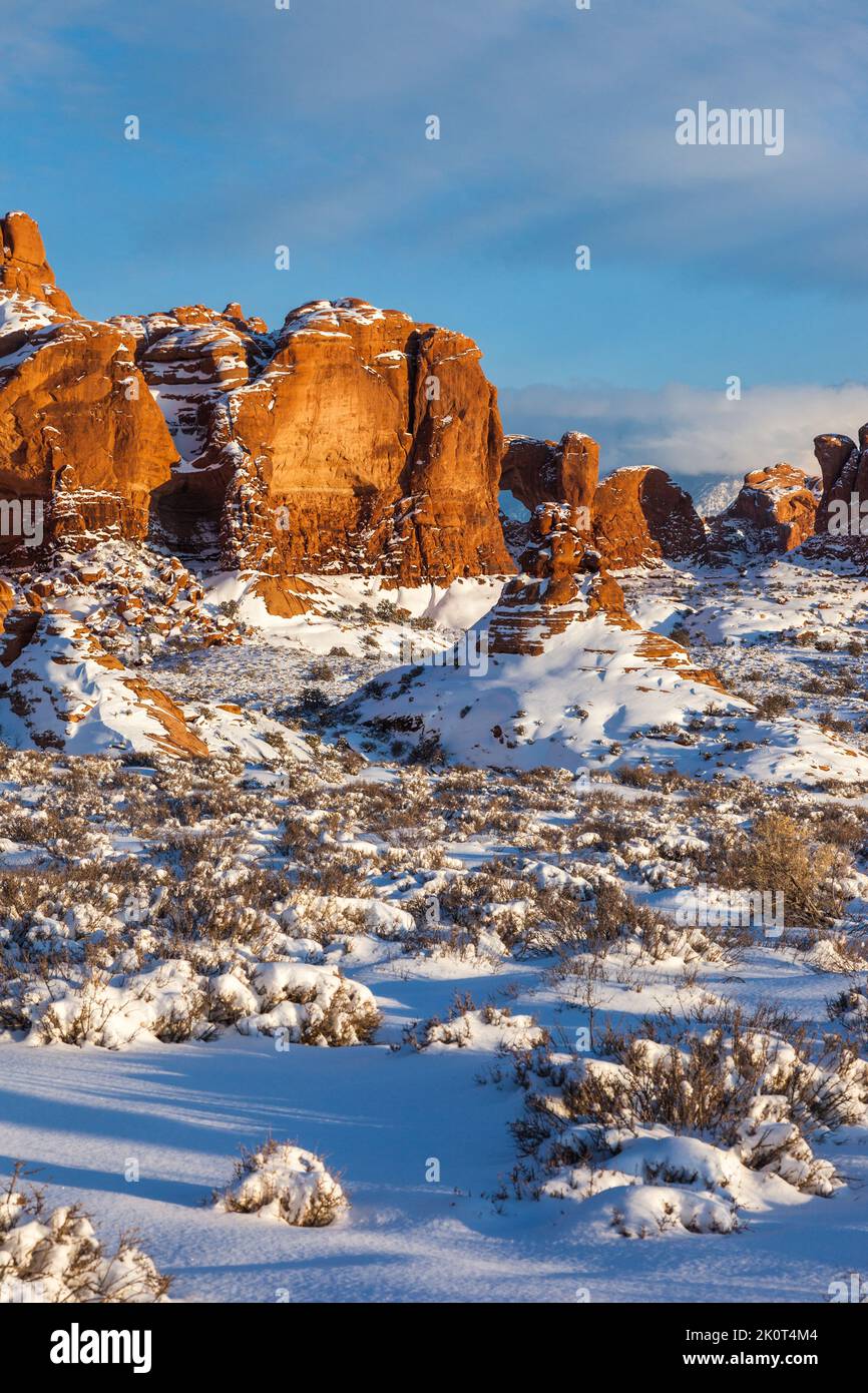 The back side of Double Arch in Elephant Butte in winter with snow in ...