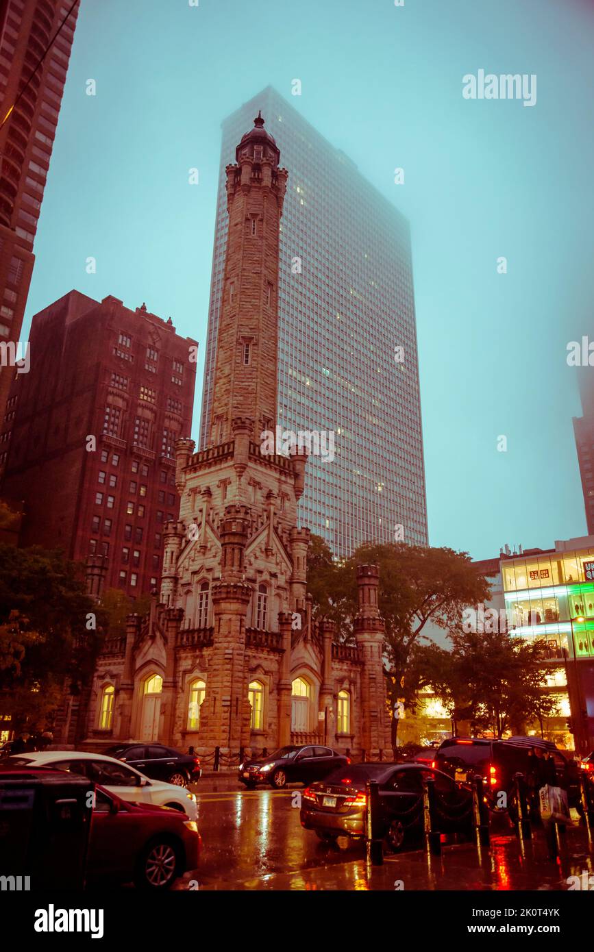 Historic Water Tower, a 19th-century Gothic Revival landmark, Chicago ...