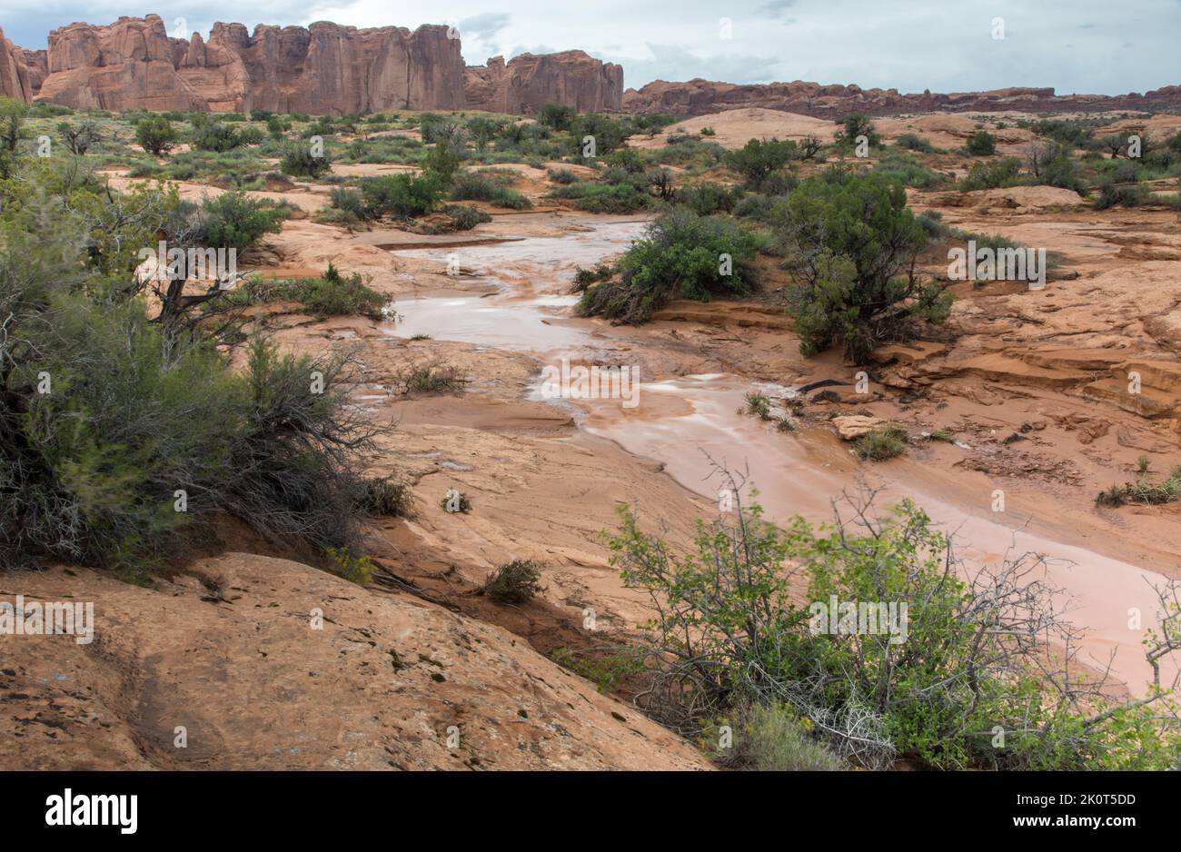 A flash flood in the desert after a heavy rain in Arches National Park ...