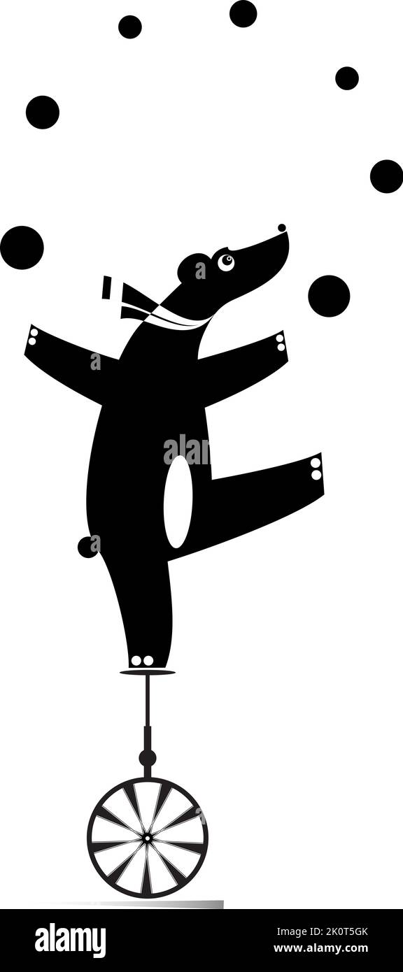 Equilibrist Bear Rides On The Unicycle And Juggles The Balls Funny Bear Balances On One Leg On 