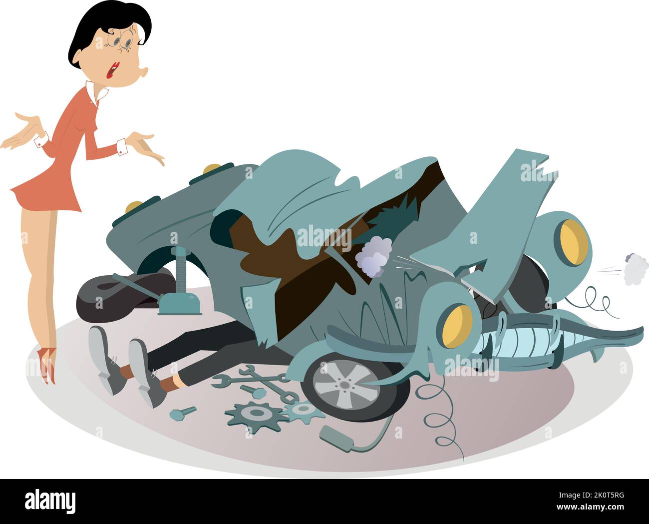 Illustration of man, angry woman and broken car. Upset woman asks the ...