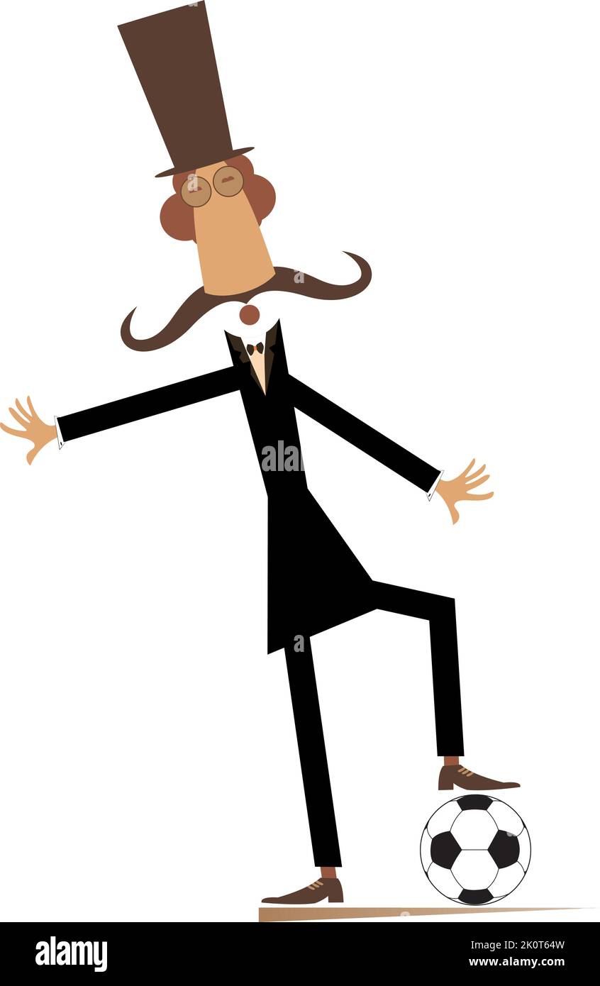 Fanny man in the top hat playing football. Cartoon long mustache ...