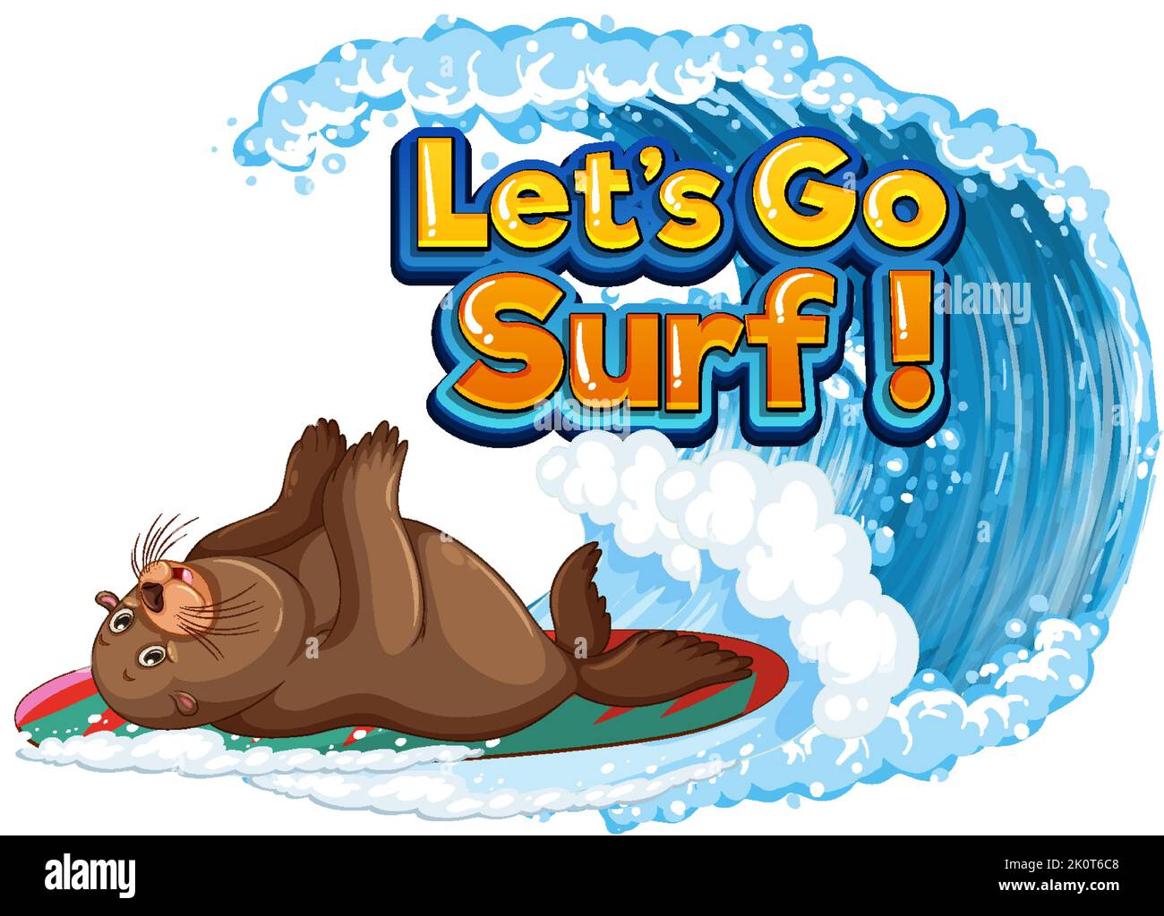 Sea lion cartoon character with lets go surf word illustration Stock ...