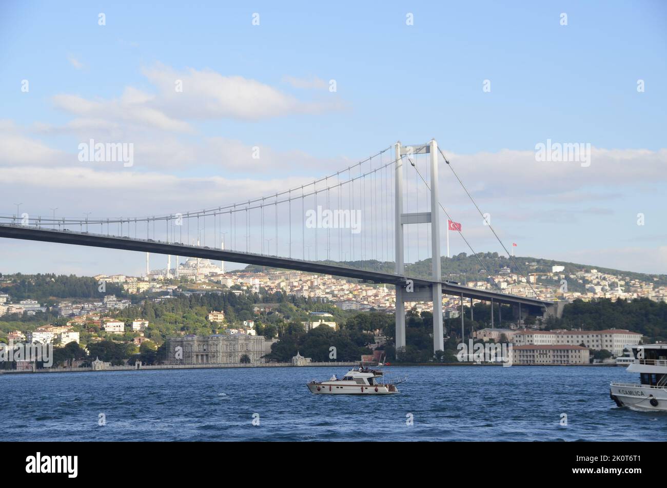 July 15 Martyrs Bridge, Turkish Flag, Bosphorus and boats Stock Photo ...