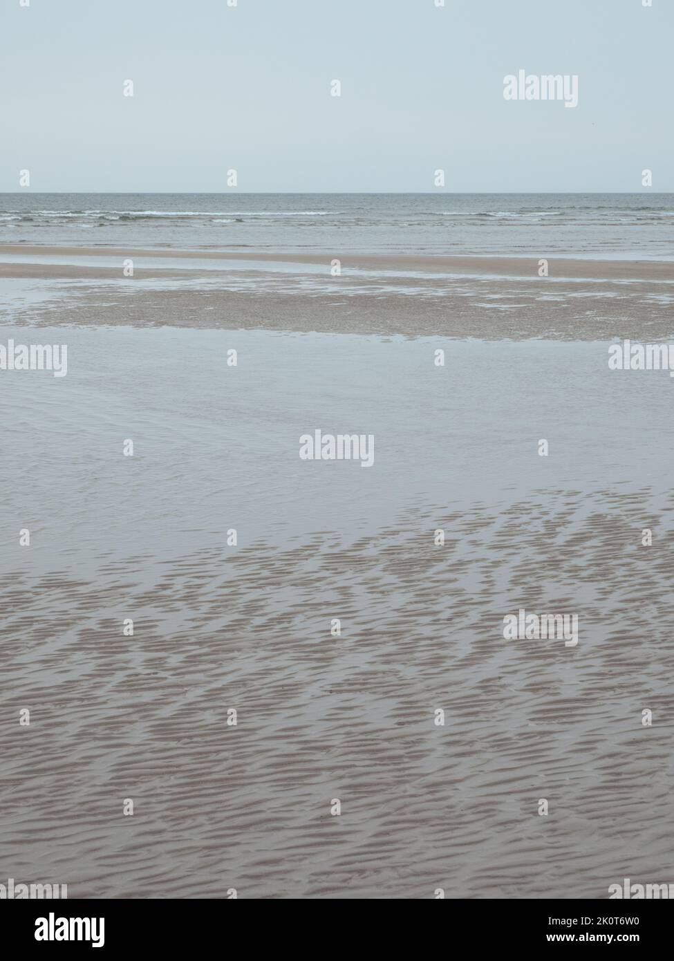 Wet sand on the shore at low tide. Gloomy seaside landscape. The harsh ...