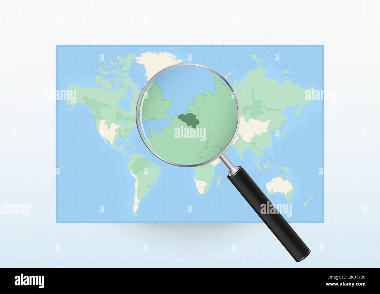 Map of the World with a magnifying glass aimed at Belgium, searching Belgium with loupe. Vector ...
