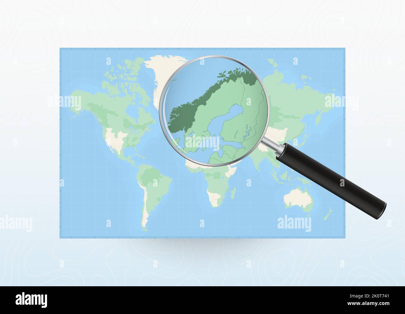 Map of the World with a magnifying glass aimed at Norway, searching Norway with loupe. Vector ...
