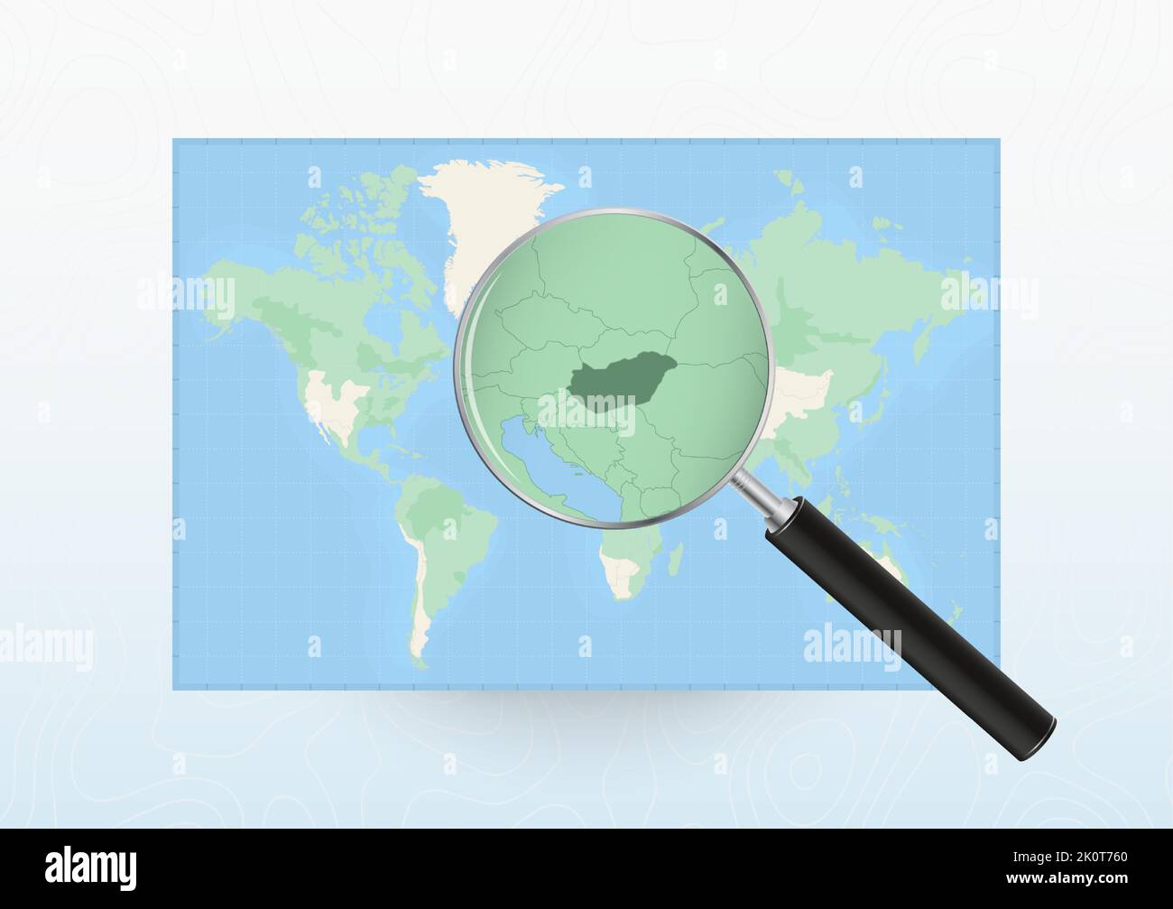 Map of the World with a magnifying glass aimed at Hungary, searching ...