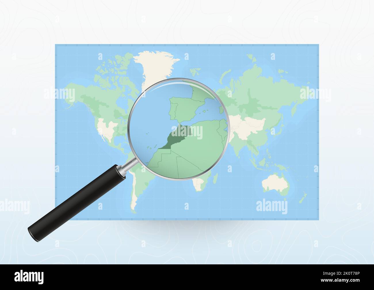 Map of the World with a magnifying glass aimed at Morocco, searching Morocco with loupe. Vector ...