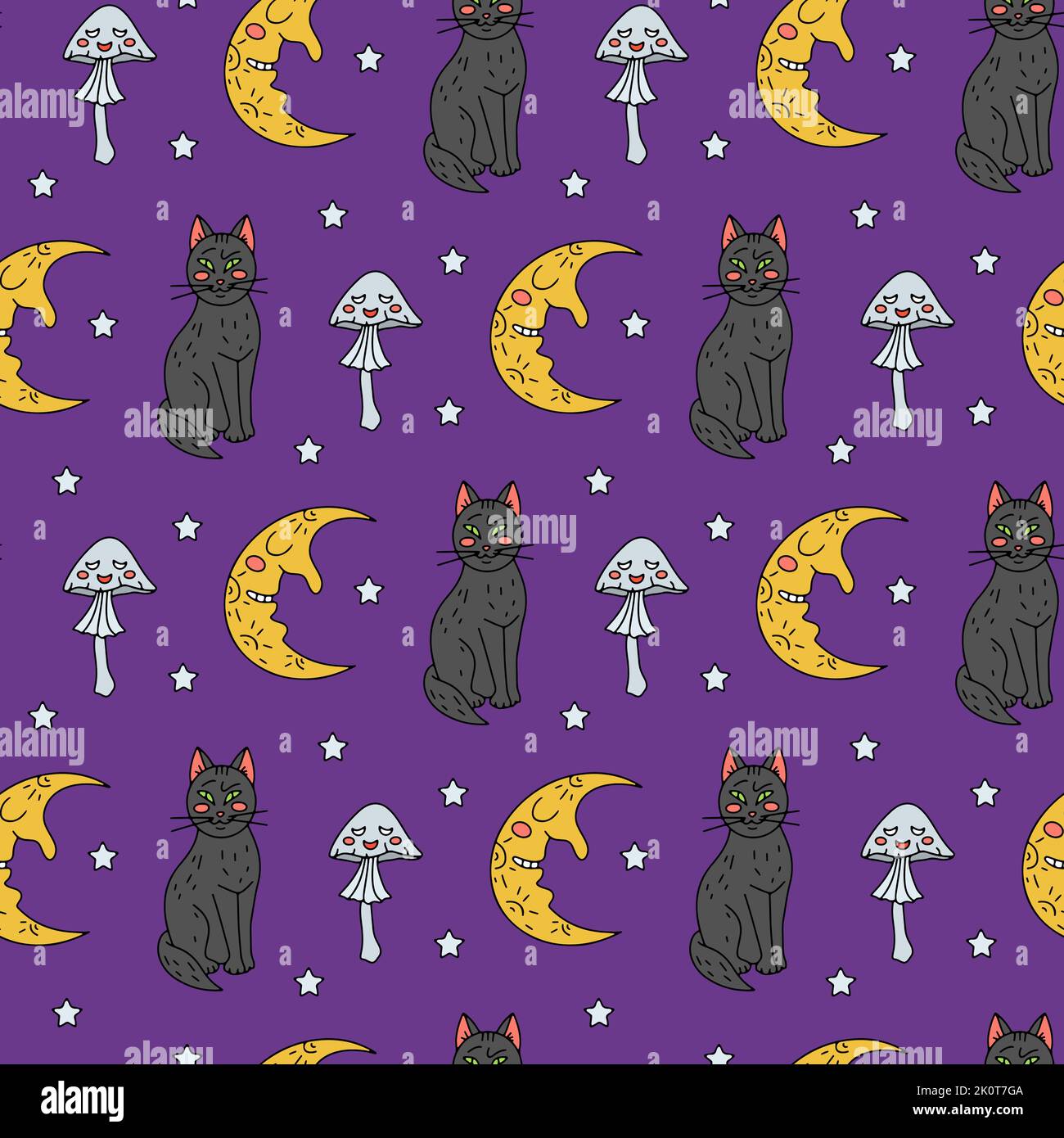 Halloween seamless pattern with cute cartoon cats, half moons and ...