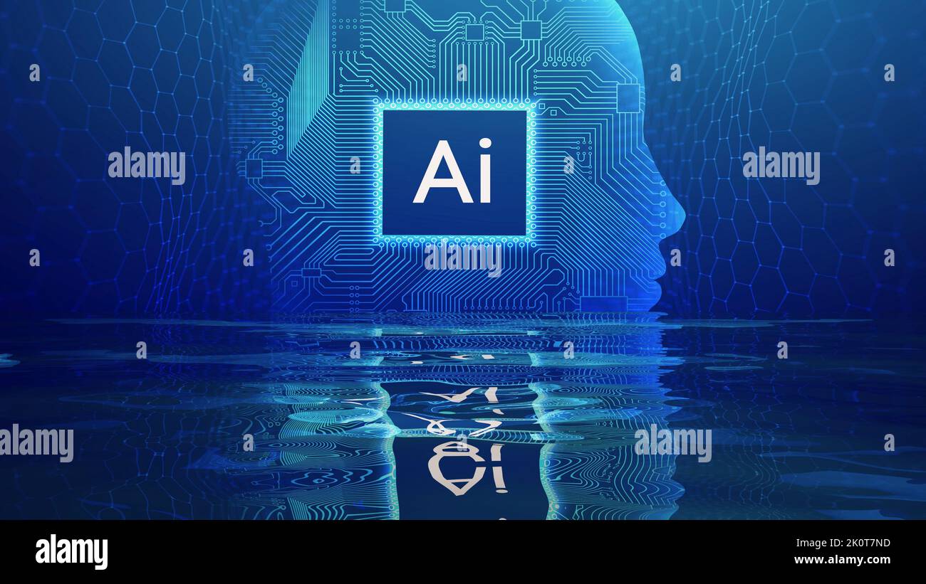 Ai woman face with circuit reflection in water. Artificial intelligence ...
