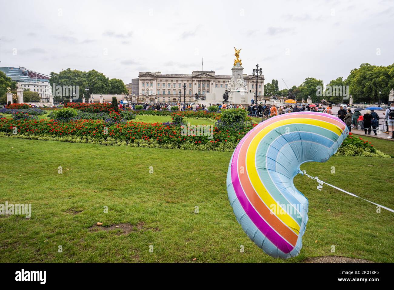 London UK. 13 September 2022. A rainbow ballon fluttering outside ...