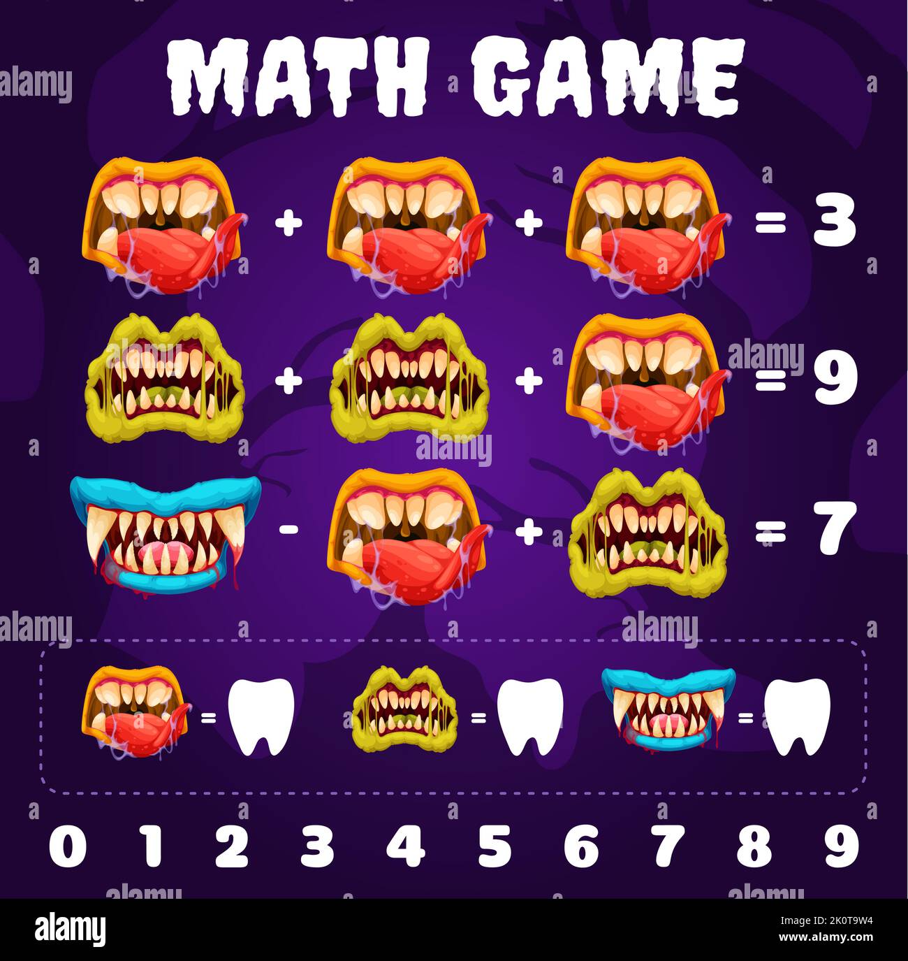 Cartoon Halloween monster mouth and jaws, demon face. Math game ...
