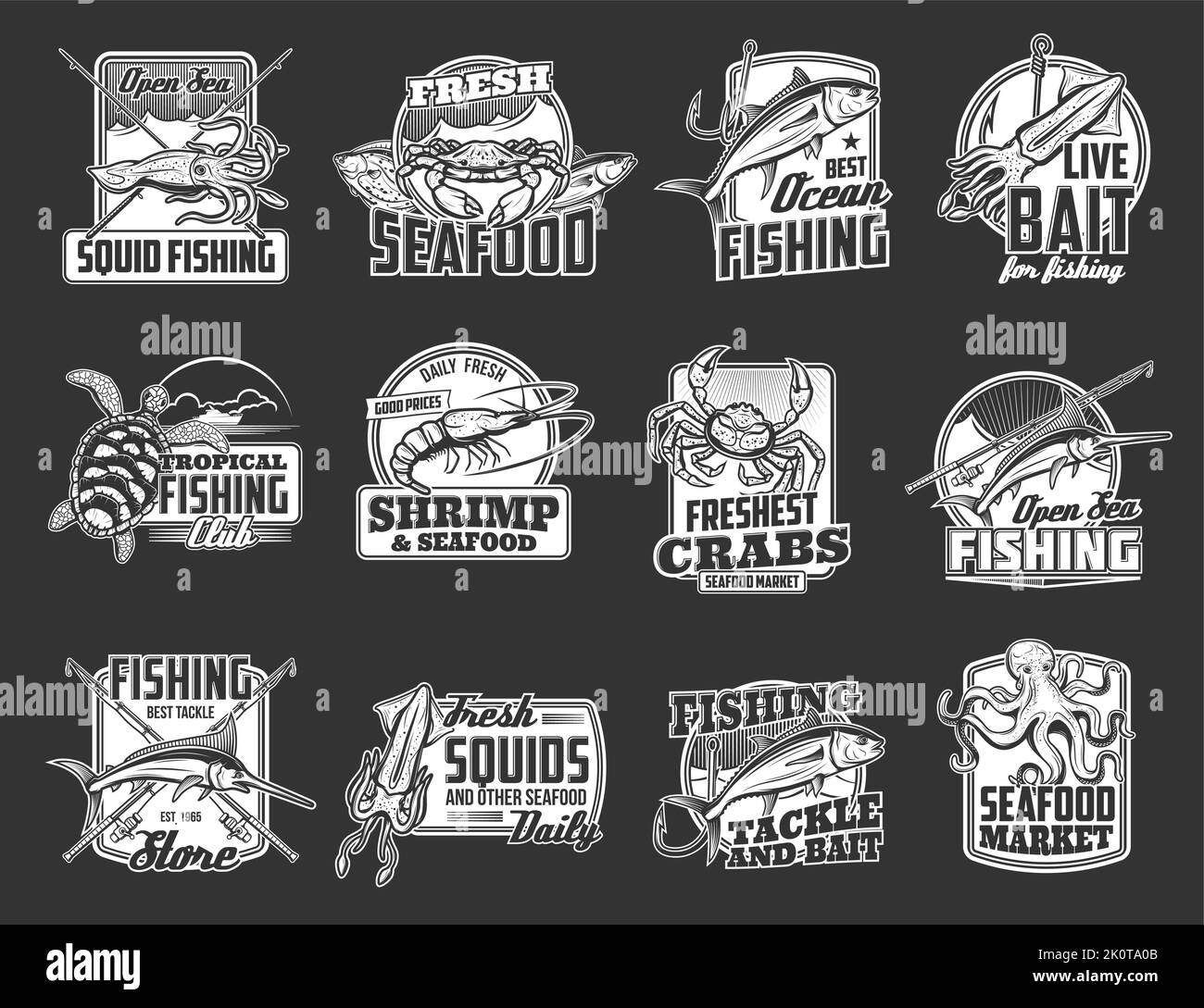 Seafood and fishing sport icons, rods for fish and tuna or octopus ...