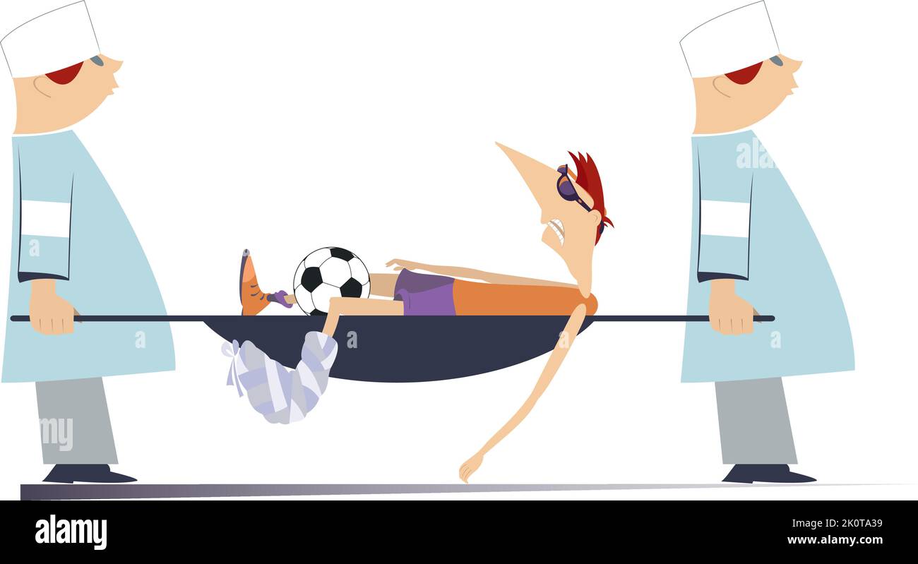 Injured football player, two physicians with a stretcher. Two ...
