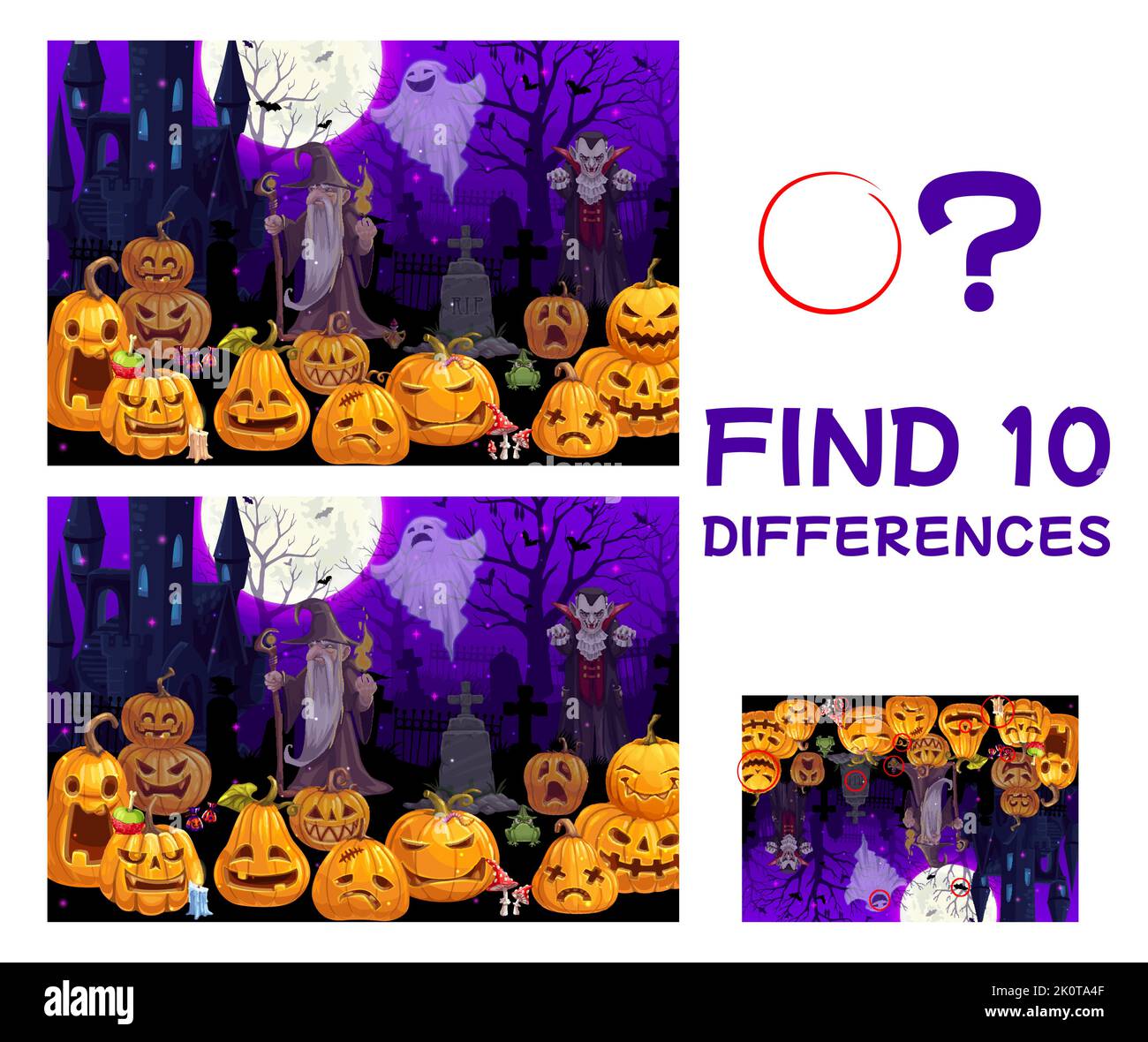 Find ten differences. Cartoon Halloween pumpkin lanterns on night ...