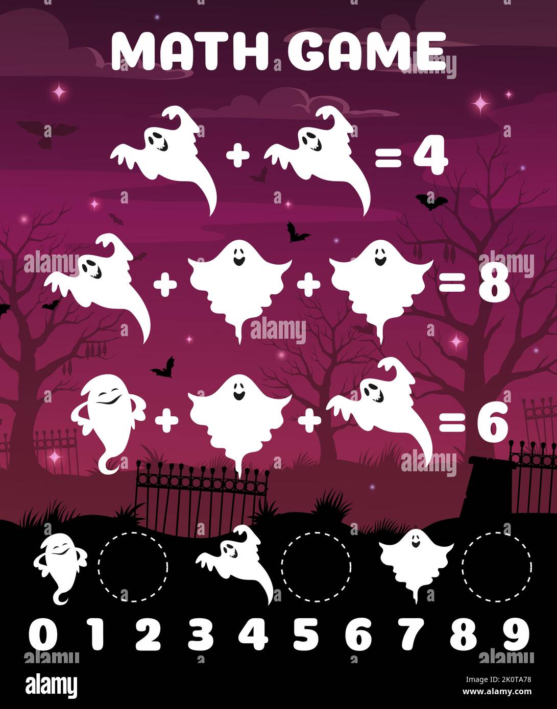 Cartoon funny Halloween ghost silhouettes. Math game worksheet. Child ...