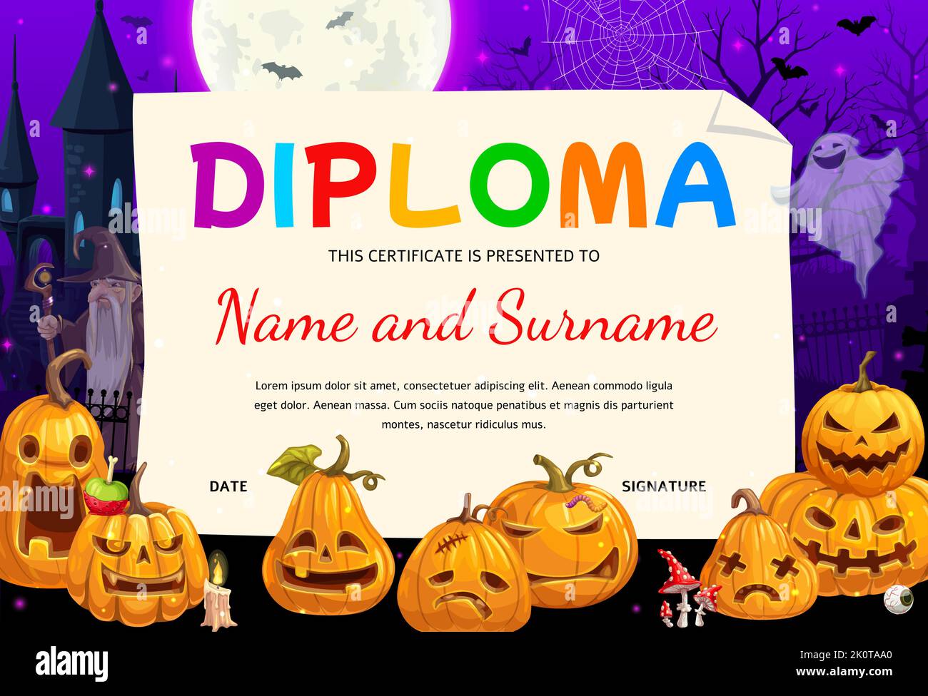 Kids diploma. Cartoon funny Halloween pumpkin lanterns, ghost, wizard ...