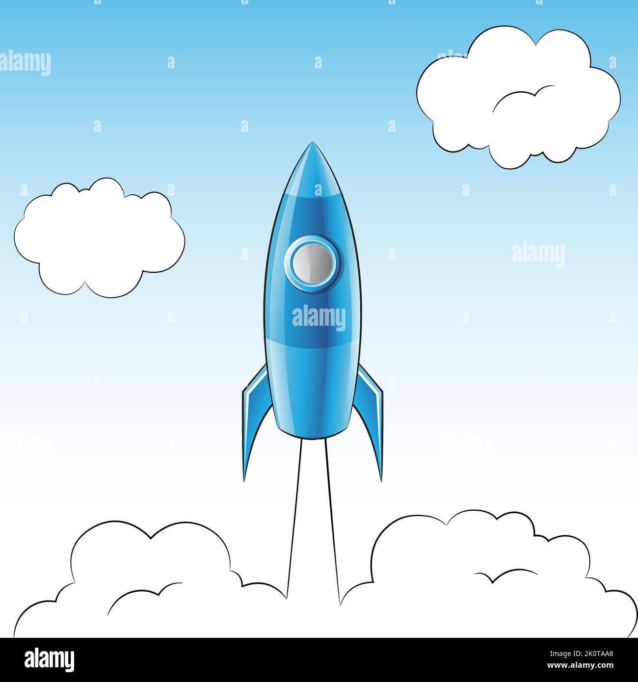 Illustration of a Launching Blue Rocket Over a Cloudy Sky Stock Vector ...