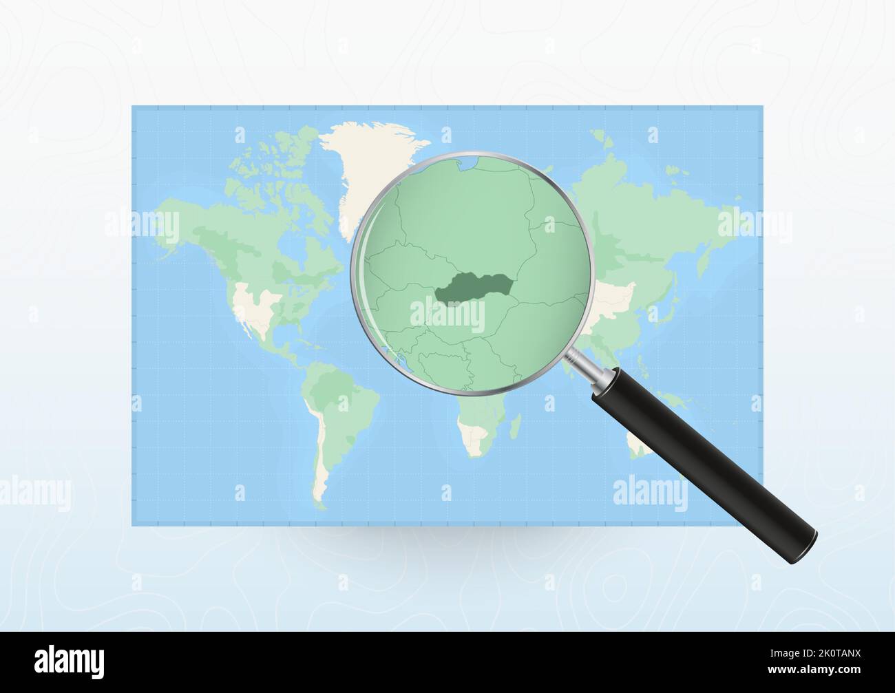 Map of the World with a magnifying glass aimed at Slovakia, searching ...
