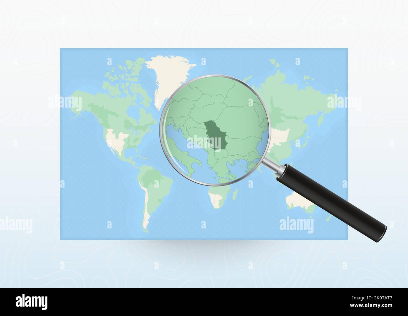 Map of the World with a magnifying glass aimed at Serbia, searching Serbia with loupe. Vector ...