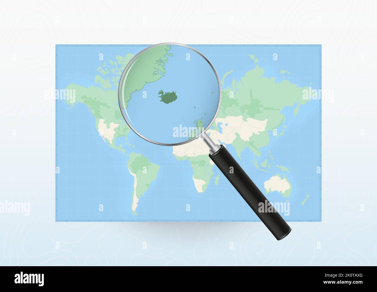 Map of the World with a magnifying glass aimed at Iceland, searching ...