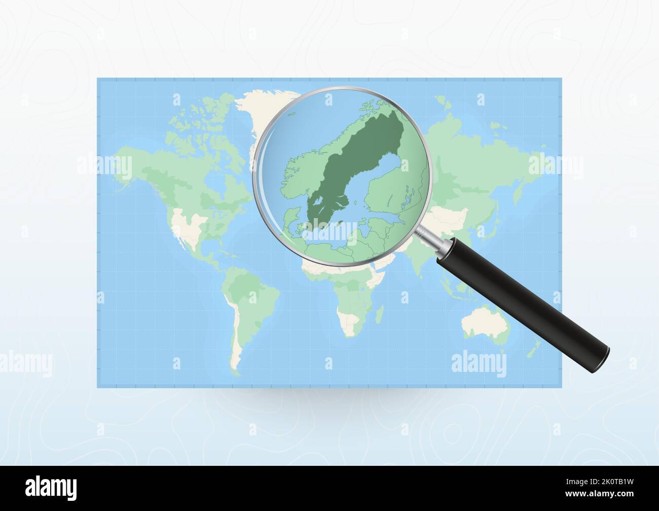 Map of the World with a magnifying glass aimed at Sweden, searching ...