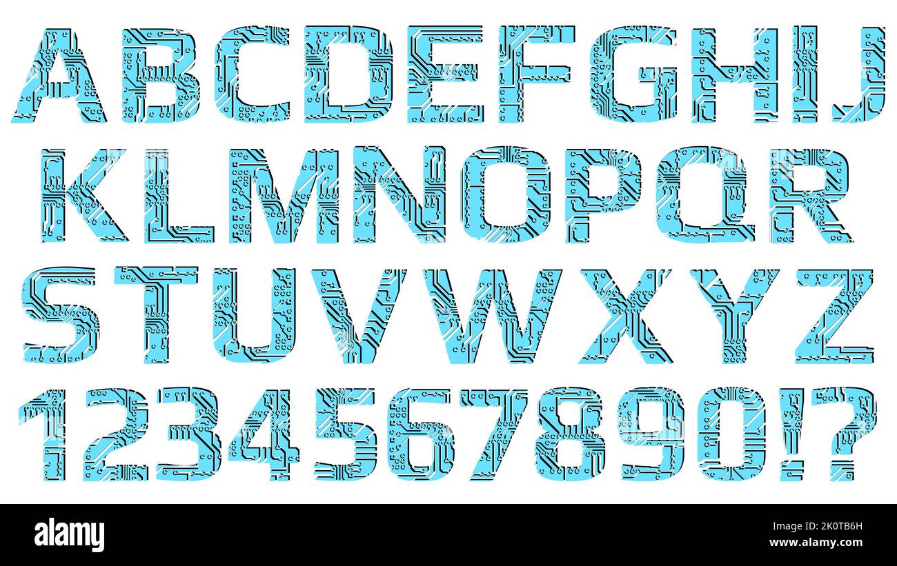 Set of latin digital alphabet perforated with PCB circuit board tracks ...