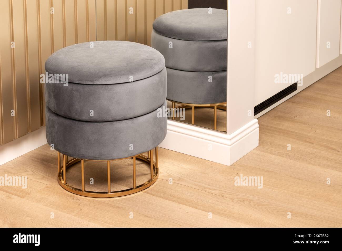 Gray pouf on golden metal base on wooden floor in corner of modern ...