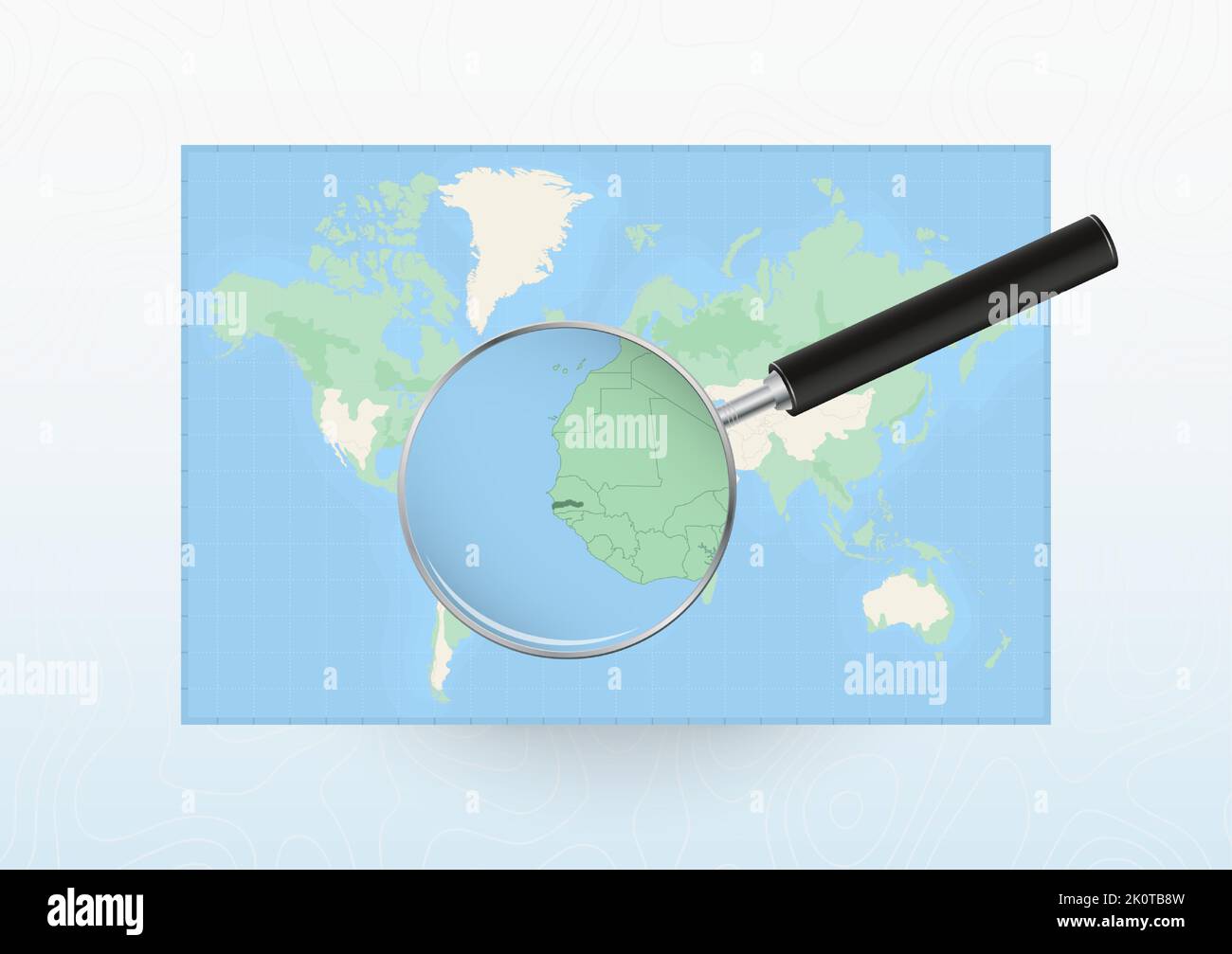 Map of the World with a magnifying glass aimed at Gambia, searching Gambia with loupe. Vector ...